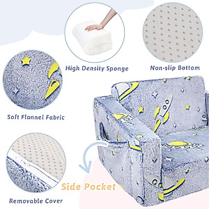 DILIMI Kids Couch, 2-in-1 Toddler Couch Sofa with Blanket, Comfy Toddler Chair Kids Sofa for Boys Girls, Convertible Sofa Bed to Lounger, Glow in The Dark 1 Seat, Astronaut