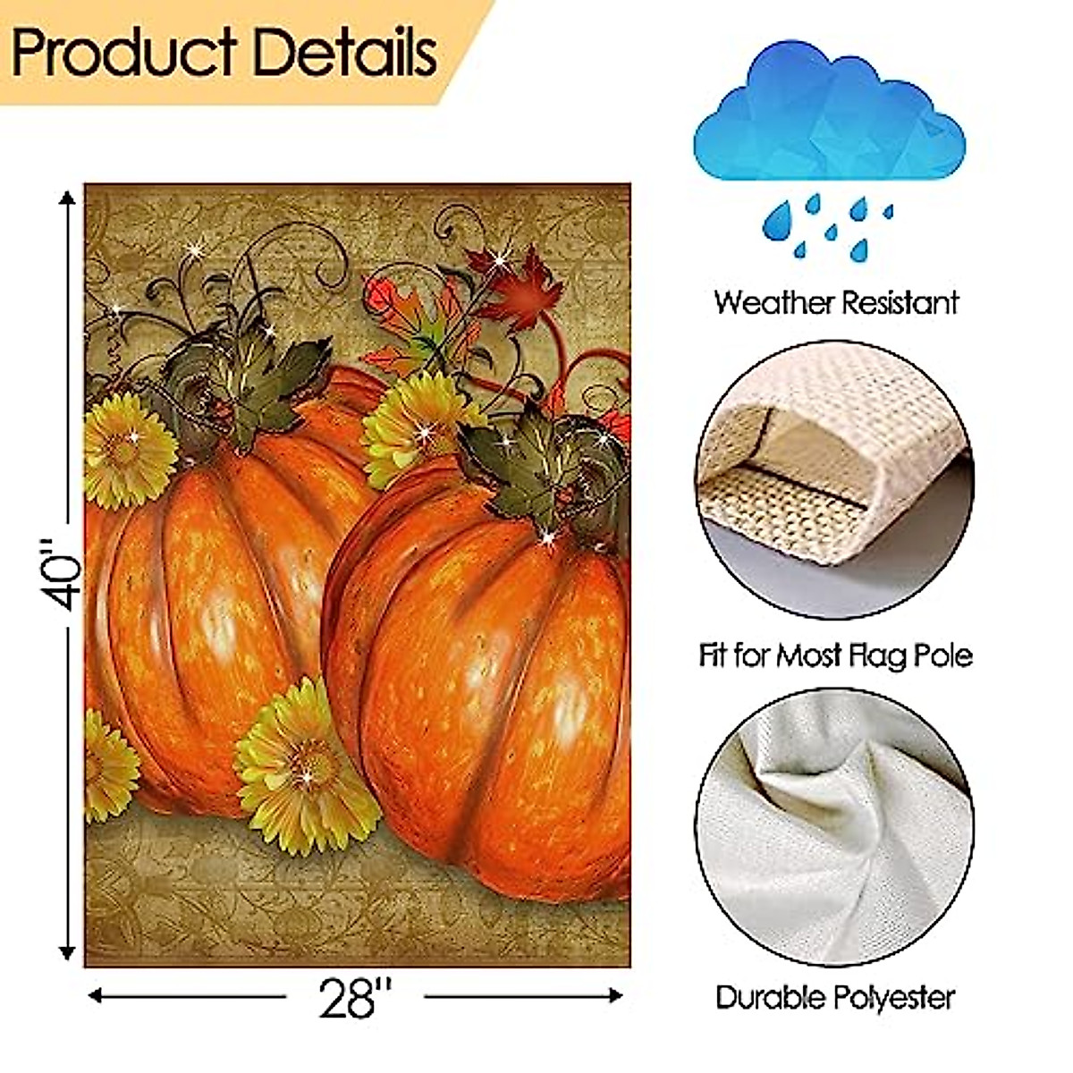 Pickako Thanksgiving Day Pumpkins Rustic Autumn Fall Harvest Flowers Leaves House Flag 28 x 40 Inch, Double Sided Large Garden Yard Welcome Flags Banners for Home Lawn Patio Outdoor Decor