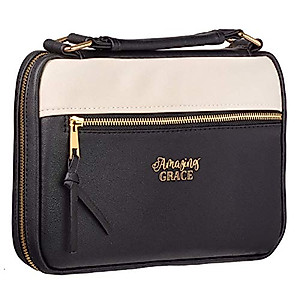 Christian Art Gifts Women's Vegan Leather Fashion Bible Cover: Amazing Grace - Inspirational Zipper Water-Resistant Protective Carry Case w/Tassel, Pockets & Pen Loops, Black & Tan w/Gold