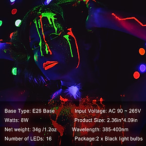 LED Black Light Bulbs - 8W(60Watt Equivalent), Black Light Bulbs with E26 Base, UVA Level 395-400nm, Glow in The Dark for Blacklights Party, Body Paint, Halloween, Neon Glow, 2 Pack