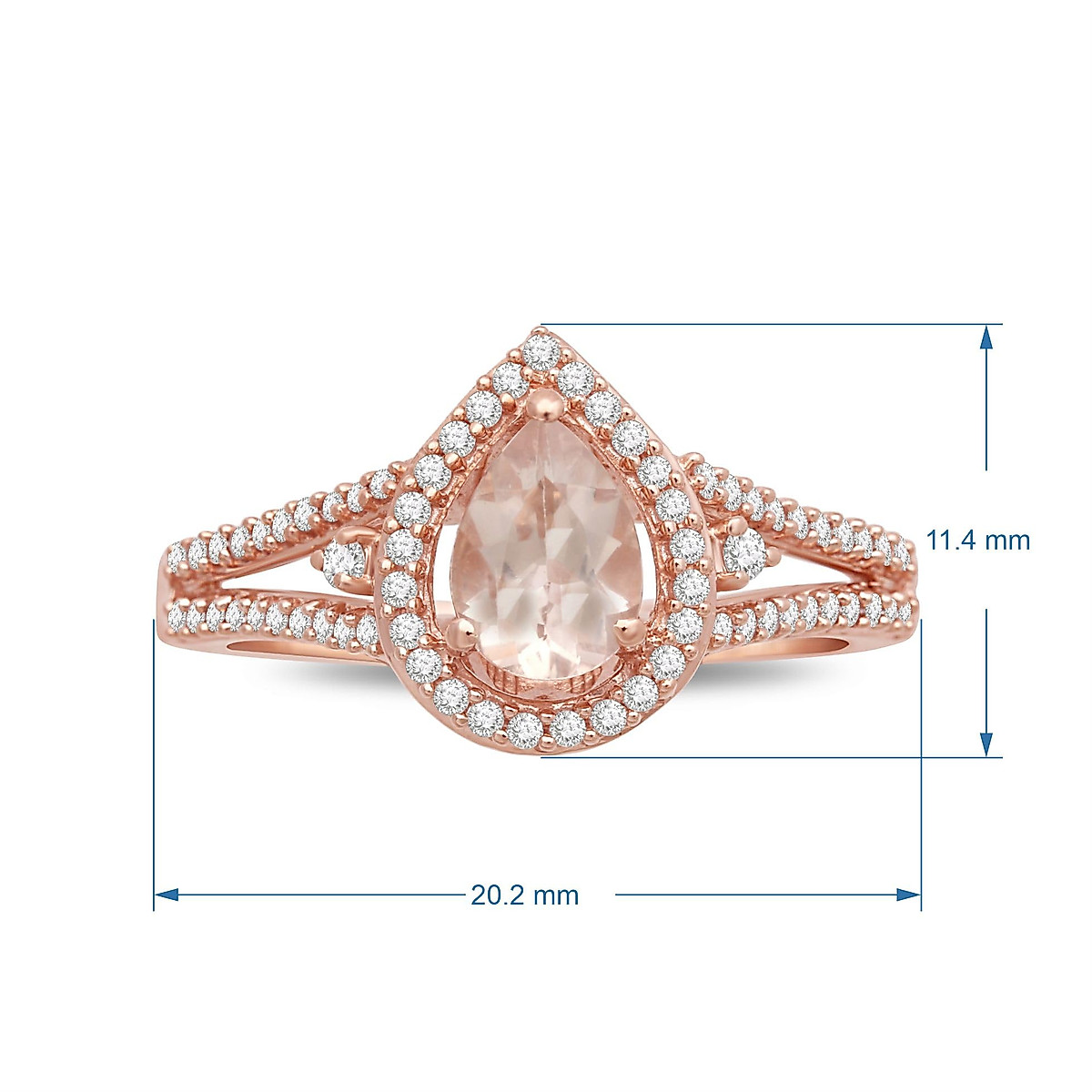 Jewelili 10K Rose Gold 7X5 MM Pear Shape Morganite and 1/4 Cttw Natural White Round Diamond Ring, Size 7