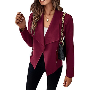 PRETTYGARDEN Women Cropped Jackets 2024 Fall Long Sleeve Faux Suede Leather Coats with Pockets (Wine Red,Large)