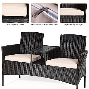 Tangkula Outdoor Rattan Loveseat, Patio Conversation Set with Cushions & Table, Modern Patented Wicker Sofa Set with Built-in Coffee Table, Rattan Sofas for Garden Lawn Backyard