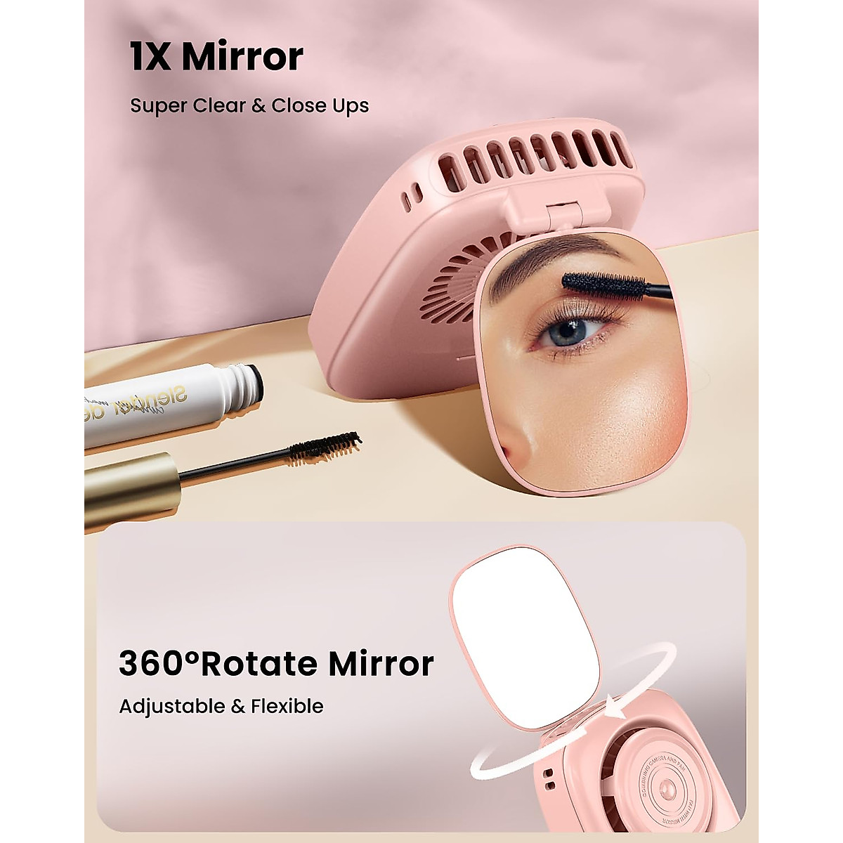 Gaiatop Neck Fan Rechargeable Mini Portable Fan Cute Camera Design, Small Desk Fan with 360°Rotate Mirror, 3 Speed USB Handheld Fan with LED Display, Cooling Personal Lash Fan Travel Essentials Pink
