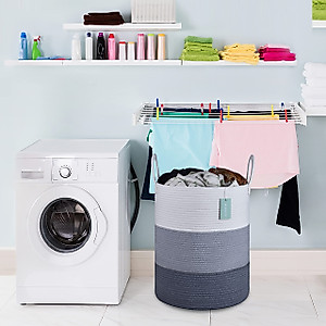 BOSROTY Large Laundry Hamper Basket for Girls Boys Kids 65L, Nursery Hamper, Tall Blanket Basket, Clothes Basket Laundry, Woven Basket, Cotton Rope Basket, Toy Basket, 16”x 20”, White & Gray