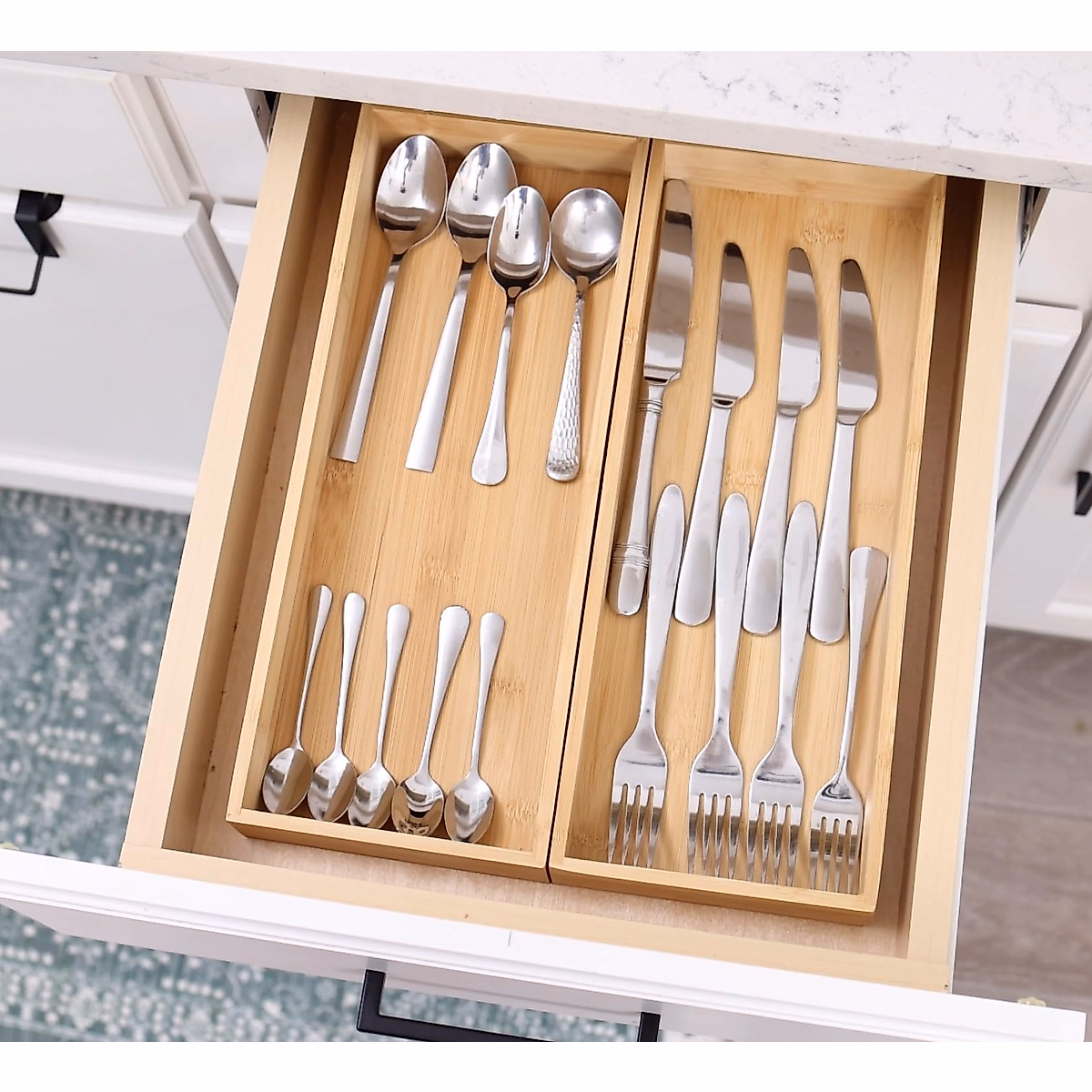 Fabsome Kitchen Utensil Drawer Organizer, Bamboo Silverware Cutlery Flatware Organizer Bins, Wooden Container Storage Trays for Bathroom Vanity Junk Drawer, 15" x 6" Set of 2