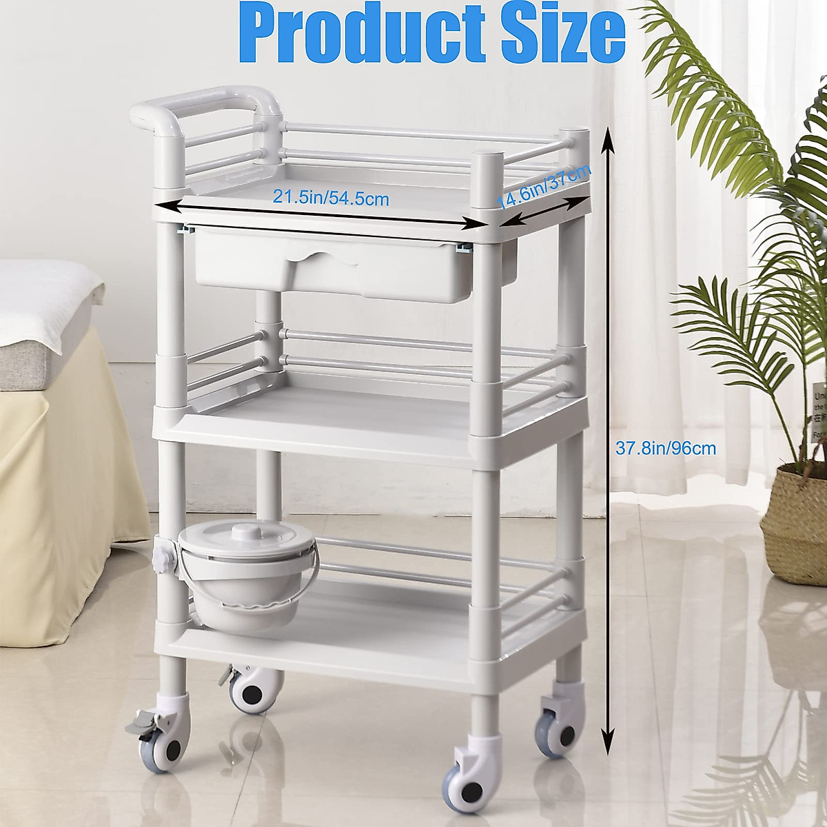 Rolling Utility Cart,Qiwey Utility Cart with Big Drawer,3-Tier Esthetician Cart with Wheels for Beauty Salon SPA Commercial Hospital Office Lab Cart