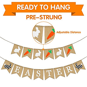 Easter Burlap Banner with Buffalo Plaid Bunny - NO DIY - Rustic Farmhouse Easter Decorations, Easter Bunny Rabbit Carrot Bunting Garland for Home Mantle - Easter Bunny Banner - Easter Party Decor