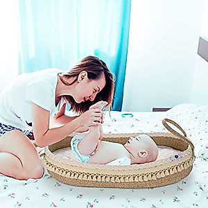 Maidek Baby Changing Basket - Handmade Woven Cotton Rope Moses Basket - Changing Table Topper with Mattress Pad, Removable Cover, Soft Blanket, Furniture - 29x16x4.7"