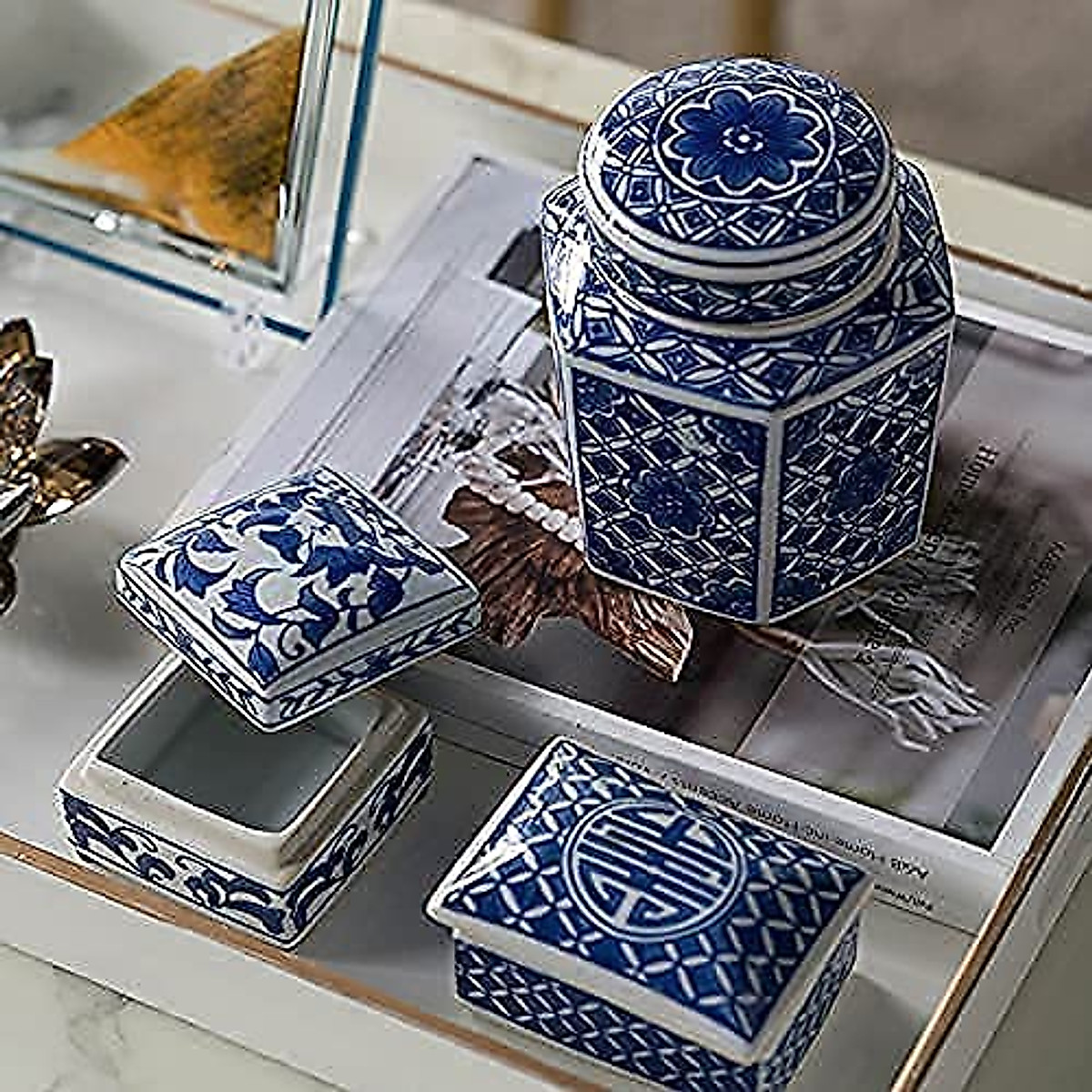 A&B Home Decorative Porcelain Box with Lid Blue and White Set of 3 Glazed Ceramic Hand Painted Jars Centerpiece Asian Decoration