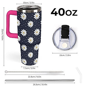 White Daisies Circles 40 Oz Tumbler Insulated Stainless Steel Water Bottle Travel Mug Car Cup with Handle And Straw