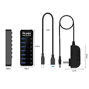 Powered USB 3.0 Hub, ikuai 7-Port Multiple USB Port Splitter, USB 3 Powered Hub with Individual LED On/Off Switches and Power Supply, Multiple USB Hub 3.0 Powered for Mac, PC