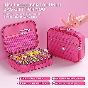 TIME4DEALS Stainless Steel Bento Lunch Box Kids Adult - Leak Proof School Lunch Container with 5-Compartment and Fork Lunch Bag Set for Toddler Child Bento Box for Work Picnic Outdoor, BPA-Free (Pink)