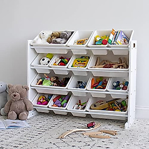 Humble Crew, White Kids Wood Table and 4 Chairs Set & Extra-Large Toy Organizer, 16 Storage Bins, White/White