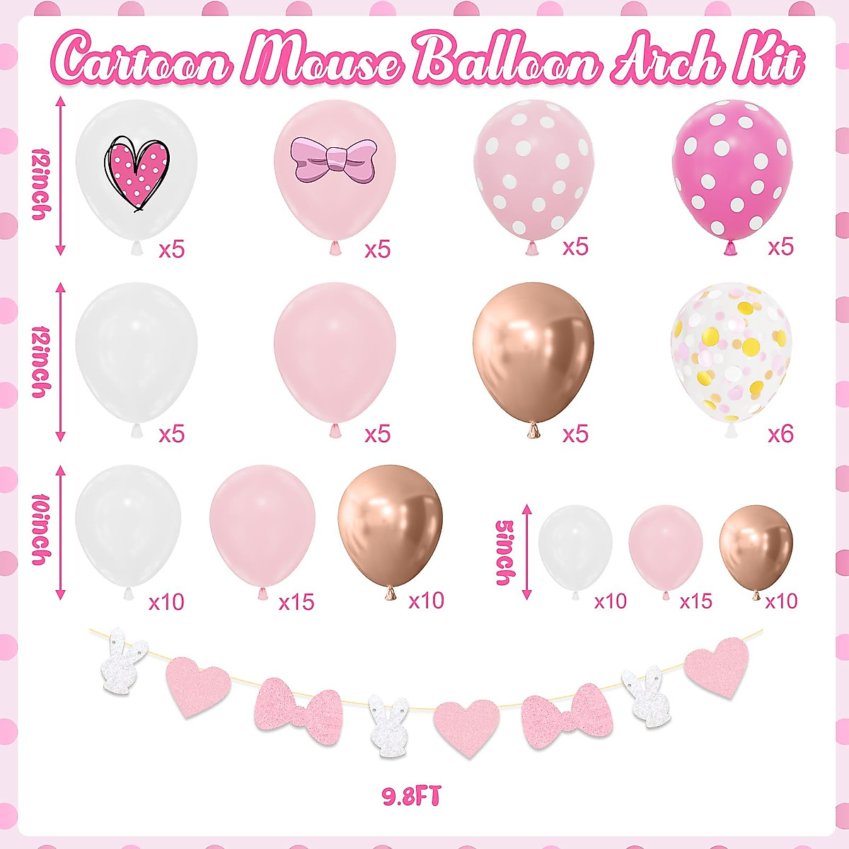 Pink Mouse Balloon Arch Kit for Cartoon Mouse Birthday Party Decorations for 1st 2nd 3rd Girls Kids, Pink Gold Rose Red Bow Heart Foil Balloons Banner for Baby Shower Oh Twodles Party Supplies