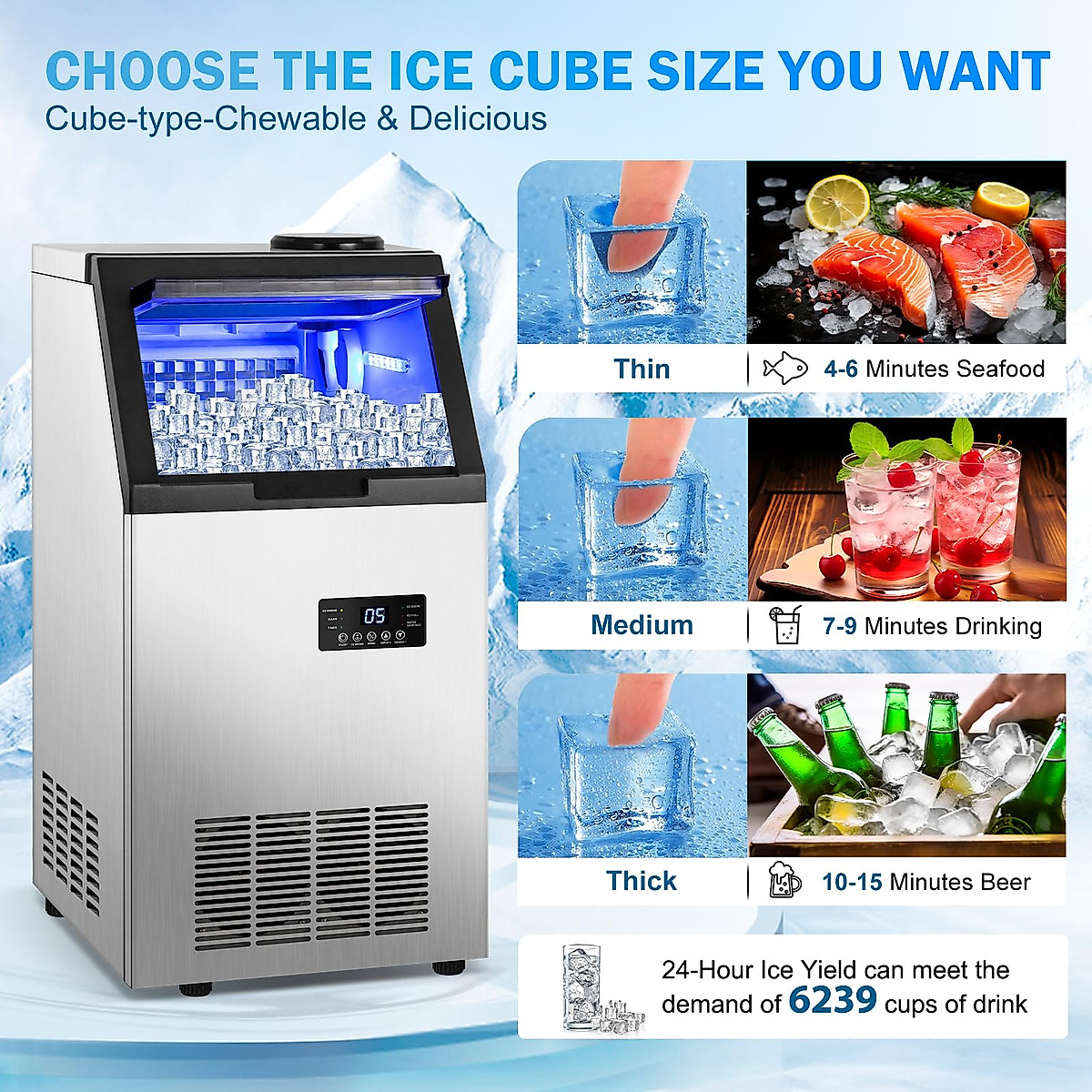 Commercial Ice Maker Machine 130Lbs/24H, Undercounter/Freestanding Ice Machine, 45 Ice Cubes in 4-15 Minutes, 35 lbs Ice Storage, 2 Water Supply Modes - Perfect for Home, Bar, and Outdoor