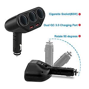 Rocketek 3-Socket 2-Port USB Quick Charge 3.0 Car Charger Splitter Adapter,120W 12V/24V DC Outlet Multi Socket Car Cigarette Lighter Splitter QC3.0 Dual Car Charger Power Outlet Splitter Extender