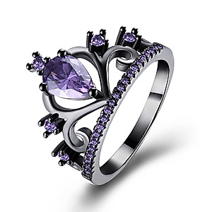 WANGYUSHENG Womens Black Gold Plated Purple Amethyst Cubic Zirconia CZ Princess Crown Tiara Ring Wedding Band (6)