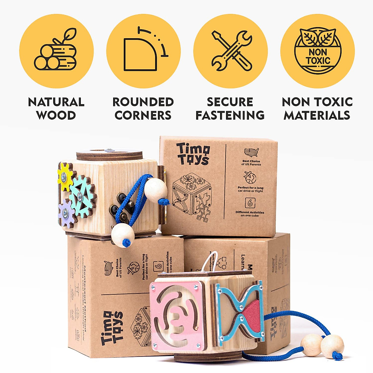 Timo Toys Incredibly Educational Busy Cube, Activity Cube, Wooden Sensory Toys, Busy Board, Toddler Toys, Baby Toys, Montessori Toys for 1 Year Old and Up, Baby Girl Gifts Boy (Coral)