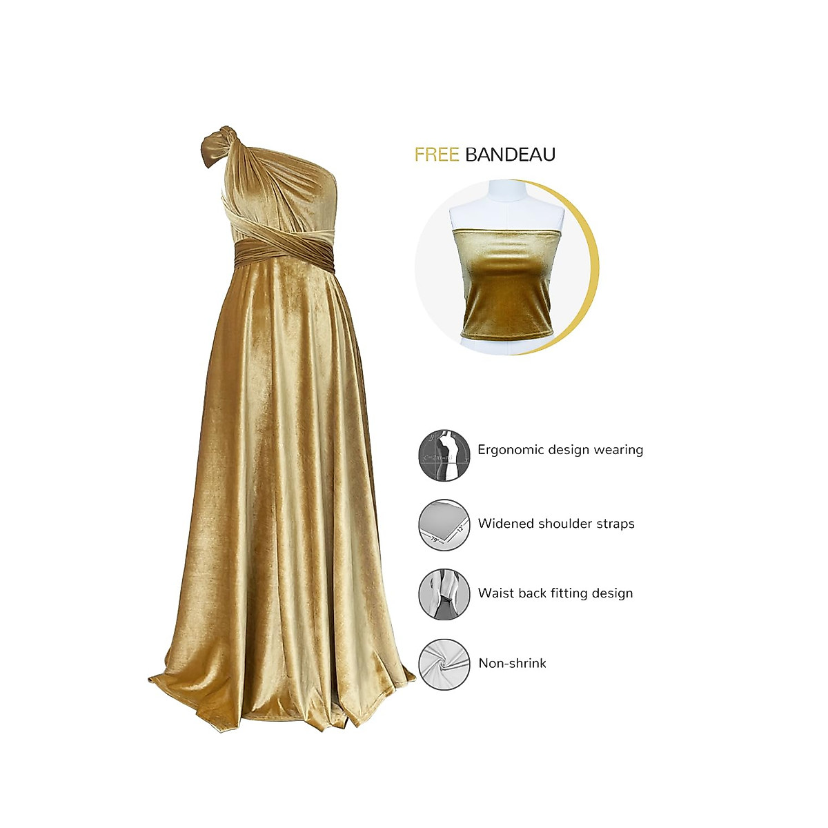 72styles Velvet Infinity Dress with Bandeau,Convertible Bridesmaid Dresses,Plus Size Velvet Wrap Maxi Long Dress Multiway Formal Dress Gold