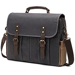 BOVIP 15.6 inches Vintage Mens Messenger Bag Water Resistant Genuine Leather Canvas Satchel Shoulder Bag Briefcase Laptop Bag with USB Charging,Headset Port,Dark Gray