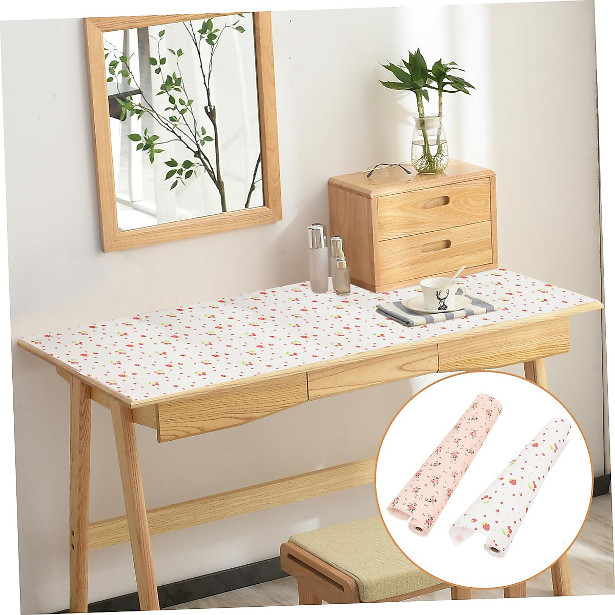DOITOOL 2 Rolls Waterproof Shelf Liners Kitchen Drawer Mats Anti- Oil Rose Strawberry Printed Cupboard Pad Refrigerator Liners Table Place Mat for Kitchen Cabinet