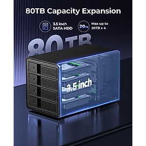 ORICO 4 Bay Raid Hard Drive Enclosure Aluminum with Hard Drive Tray-Less Design HDD Enclosure Max Up to 80TB Support RAID 0/1/3/5/10/JBOD/Single Mode, Designed with Safety Lock -9548RU3