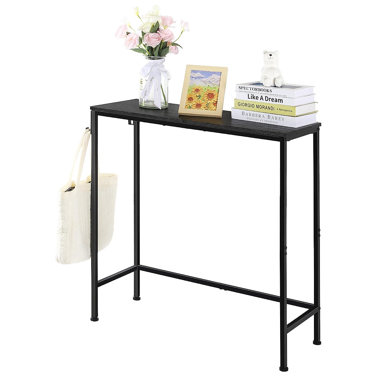 OYEAL Black Console Table Narrow Entryway Table with Hooks 31.5 in Small Sofa Table with Metal Frame Couch Table for Living Room, Hallway, Foyer, Bedroom, Black