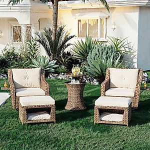 Merax Luxury Swivel Rocker High Back Outdoor 5 Piece Oversized Patio Rocking Chair Sets with Pet House Ottomans, Cool Bar Table, Side Folding Trays & Pockets for Porch, Balcony, Pool, Beige
