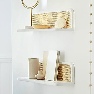 TEPLEDGE White Floating Shelves - Set of 2, Rattan Wall Mounted Hanging Shelves, Decorative Storage Shelves for Bathroom, Kitchen, Living Room & Bedroom