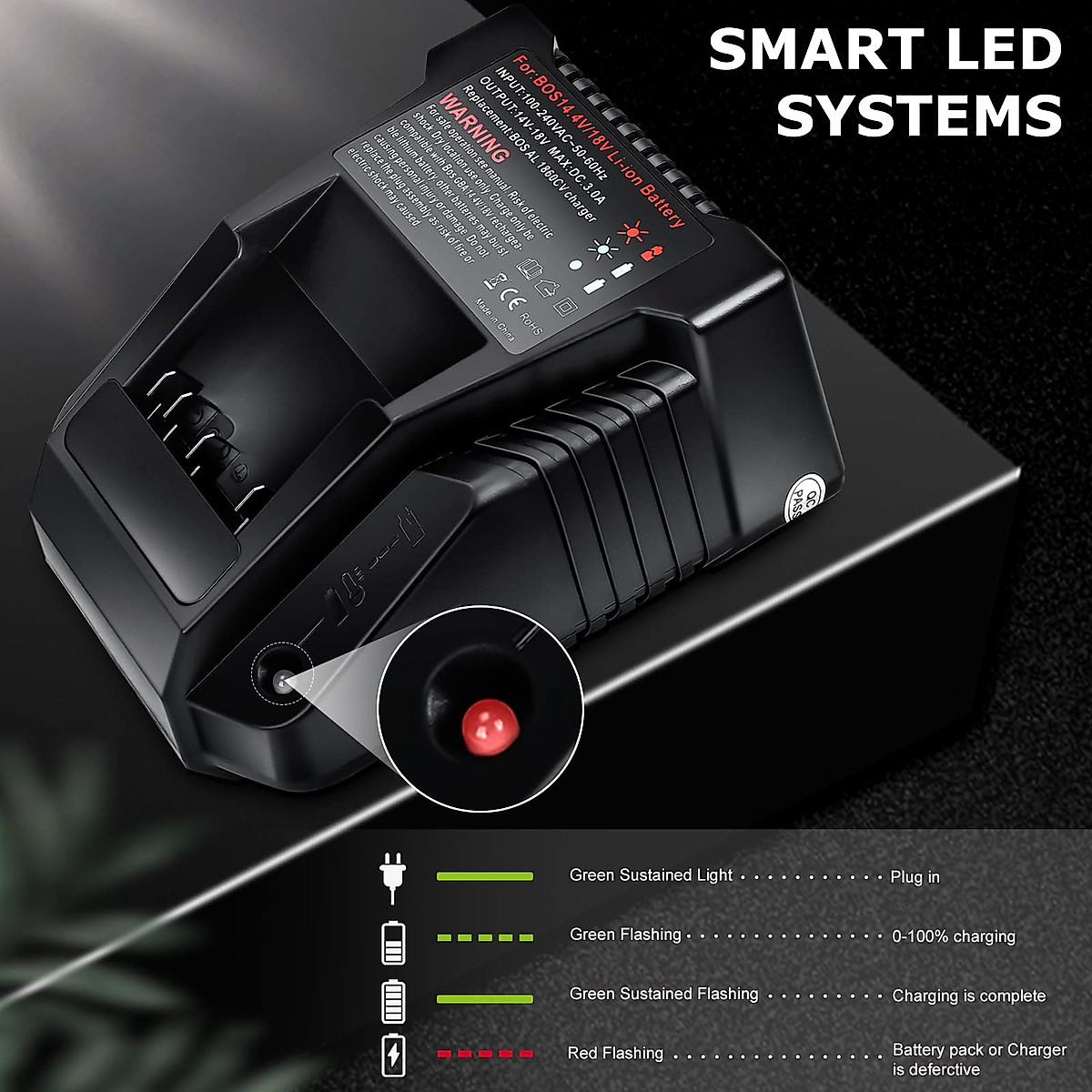 BC660 Li-ion Charger for Bosch SKC181-02 BC1880 BC630 BAT609G BAT618 2607336236 Electrical Drill 14.4V- 18V 1018K Replacement Battery (US Plug)