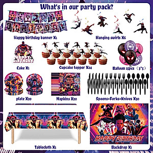 Miles Morales Birthday Party Supplies, Miles Morales Party Decoration Include Banner, Backdrop, Hanging Swirls, Balloons, Tablecloth, Cake Toppers, Tableware, Miles Morales Party Favors