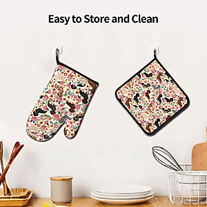 Hitamus Floral Dachshunds Oven Mitts and Pot Holders Sets, Heat Resistant Kitchen Microwave Gloves Non-Slip Pot Pads for Grilling Baking Cooking BBQ (Set of 2)