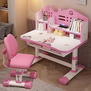 leasote Small Desk,Kids Desk and Chair Set,Height Adjustable Kids Table and Chair Set,Multi Separation Cartoon Patter Desk for Kids,Kids Study Table Gift for Girls,Escritorio Mesas para Niña