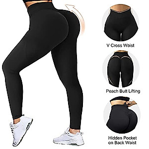 MOOSLOVER Women Crossover V Waist Butt Lifting Leggings High Waisted Yoga Pants(XL,Black-722)