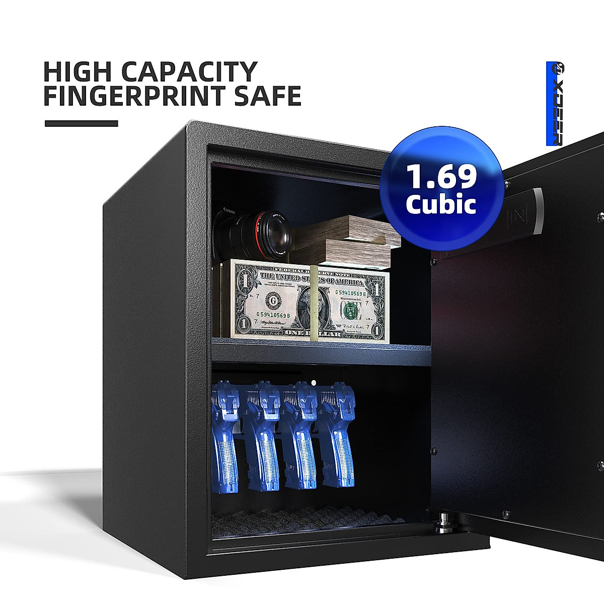 XDeer CS42 Biometric Gun Safe Lock Box - (1.69 Cubic Feet) Quick-Access Security Safe with Fingerprint Scanner, Gun Rack, and Steel Construction for Home, Office