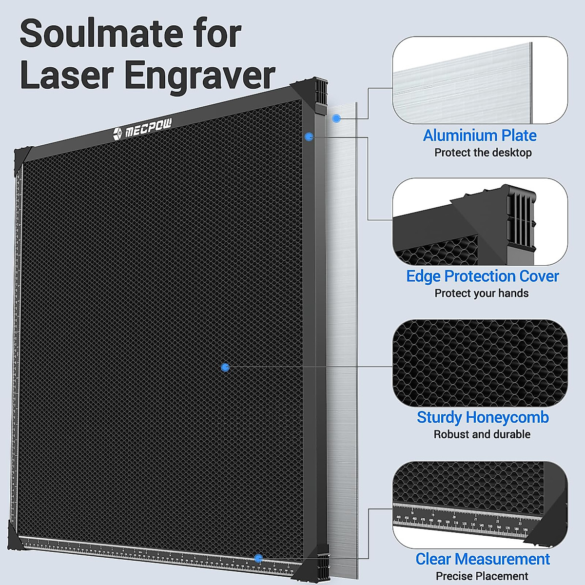 Mecpow Honeycomb Laser Bed, 650x650mm Honeycomb Working Table for Most Laser Engraver, Durable Steel Honeycomb Panel for Fast Heat Dissipation, Desktop-Protecting, 25.6'' x 25.6'' x 0.87''