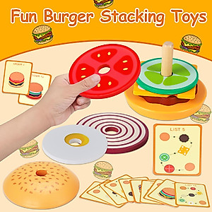 Montessori Toys for 2 3 4 5 Year Old, Wooden Burger Stacking Toys and French Fries Matching Games, Educational Fine Motor Toys for Toddlers Preschool Learning Pretend Play Food for Kid Boy Girl Gift