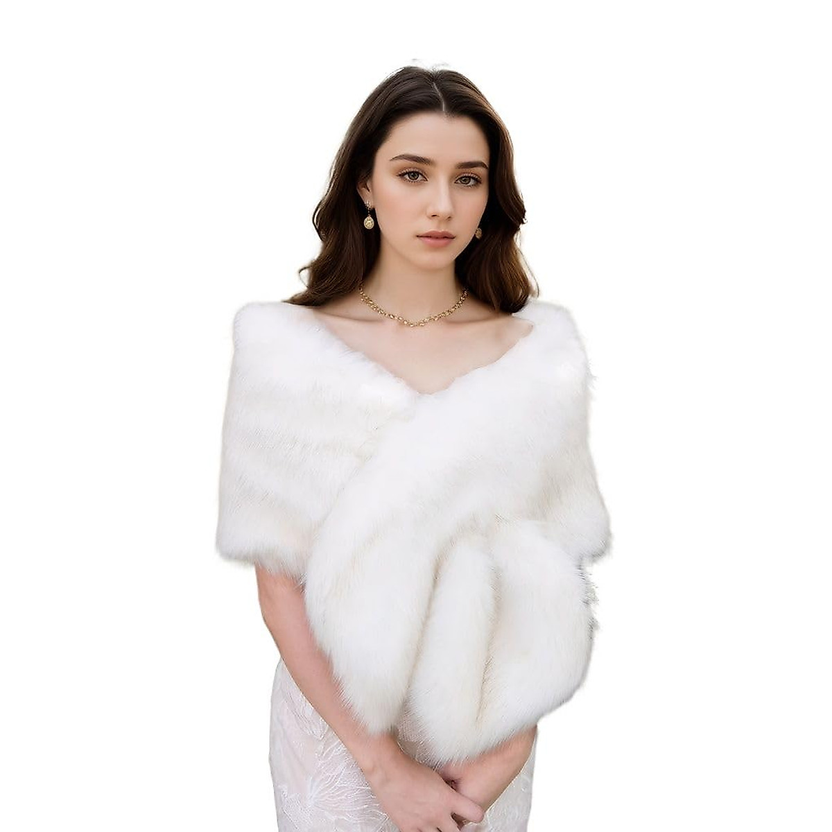 DJBM Women's Faux Fur Shawl Wraps Cloak Coat Sweater Cape for Evening Party Ivory/Brown