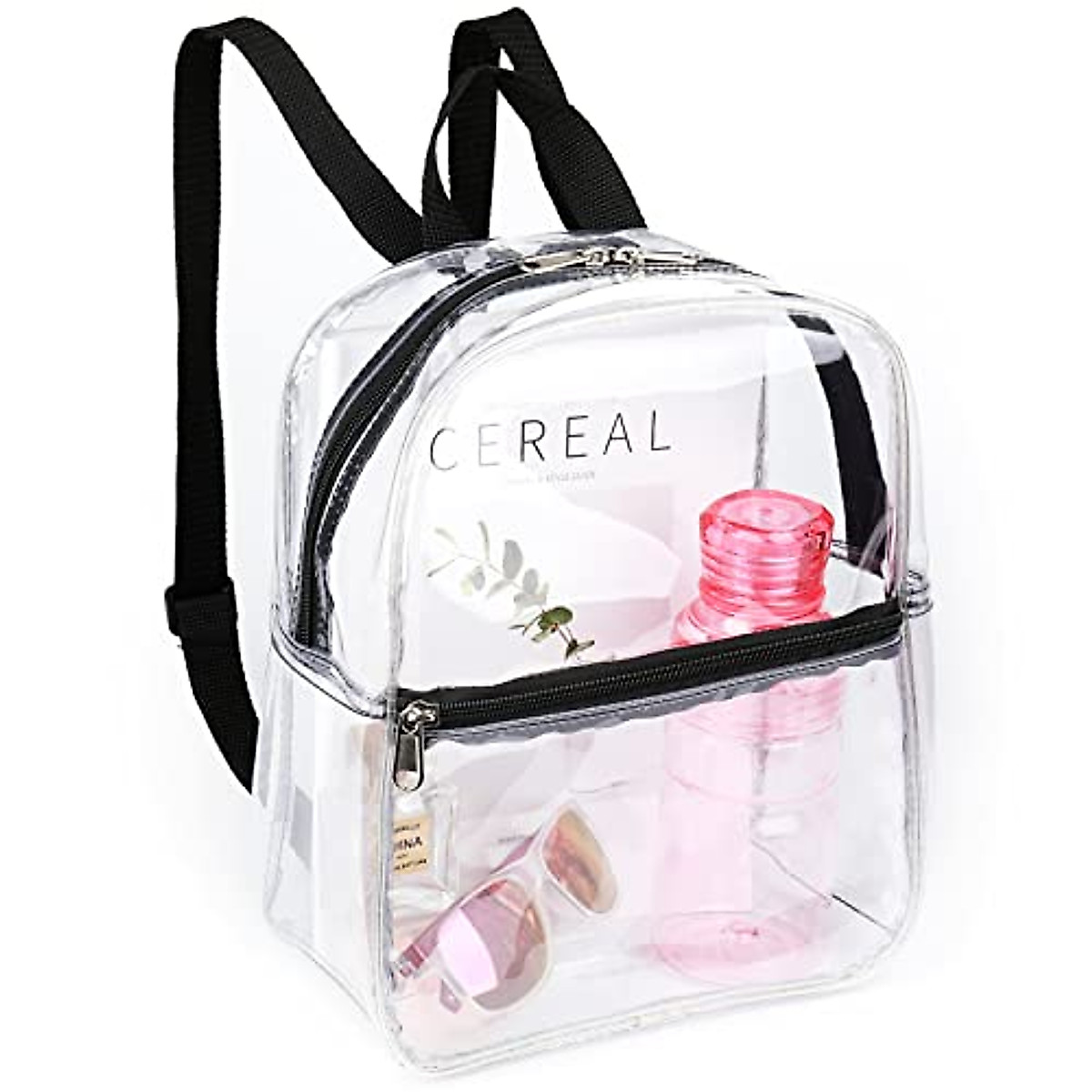 Keepcross Small Clear Backpack Stadium Approved - 12x6x12 Cute Mini Plastic Clear Stadium Bag Great for Festival Sport Events Game Concert,Women Girls,Black Straps