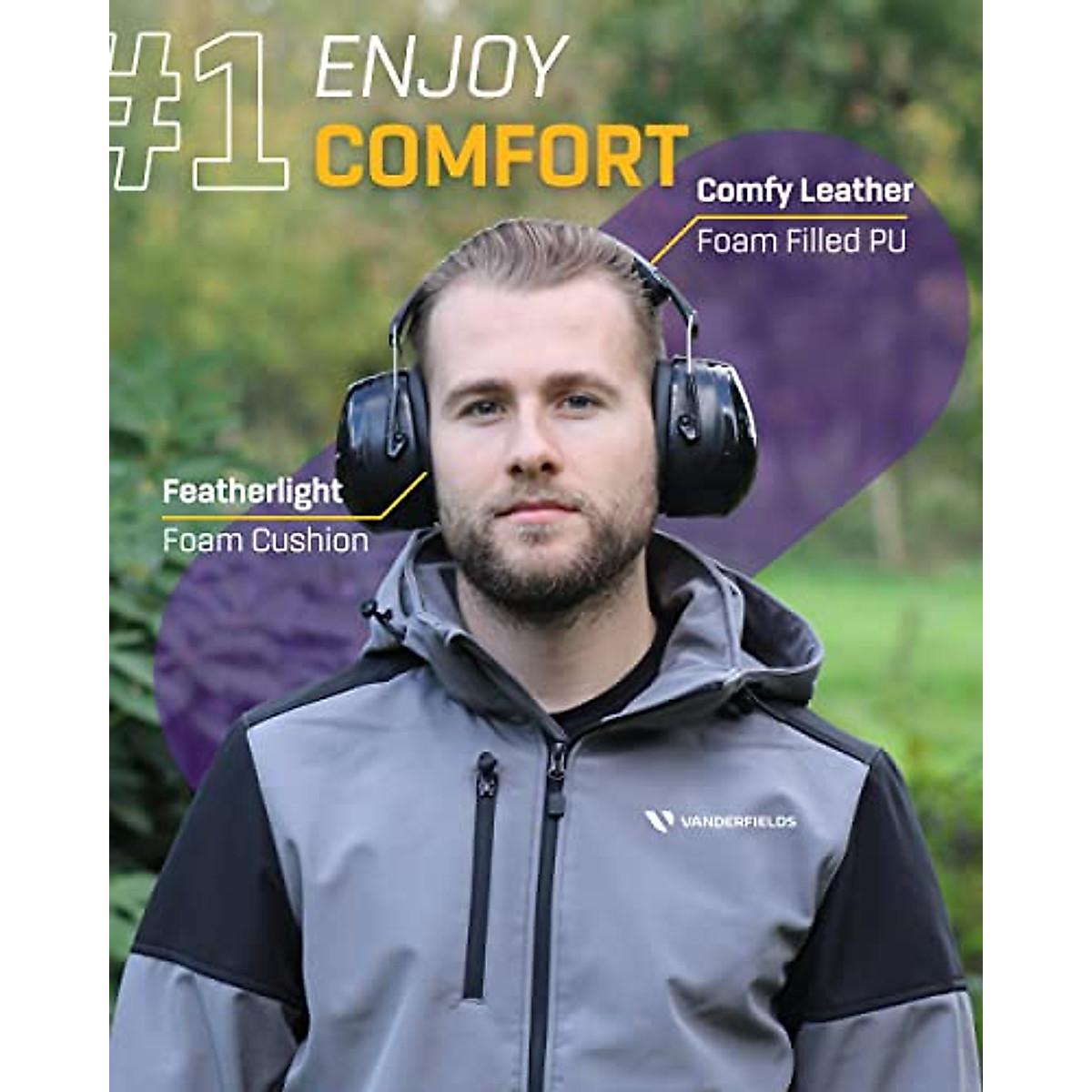 Vanderfields Ear Protection Earmuffs - Shooting Ear Muffs for Noise Cancelling - Passive Reduction for Safety Hearing - Adult Headphones for Lawn Mowing, DIY, Construction, Woodworking -Midnight Black