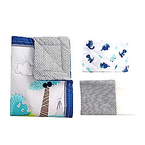 Baby Bees 4 Pieces Cartoon Dinosaurs Crib Bedding Sets for Boys and Girls | Baby Bedding Crib Set of Crib Fitted Sheet, Quilt, Dust Ruffle & Pillow Cover for Standard Size Crib,Blue