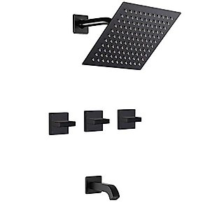 Matte Black 3 Handle Shower Faucet Set with Tub Spout, Tub and Shower Trim Kit with Rough-in Valve, Bathroom Rain Shower System Wall Mounted Rainfall Bathtub Shower Faucets