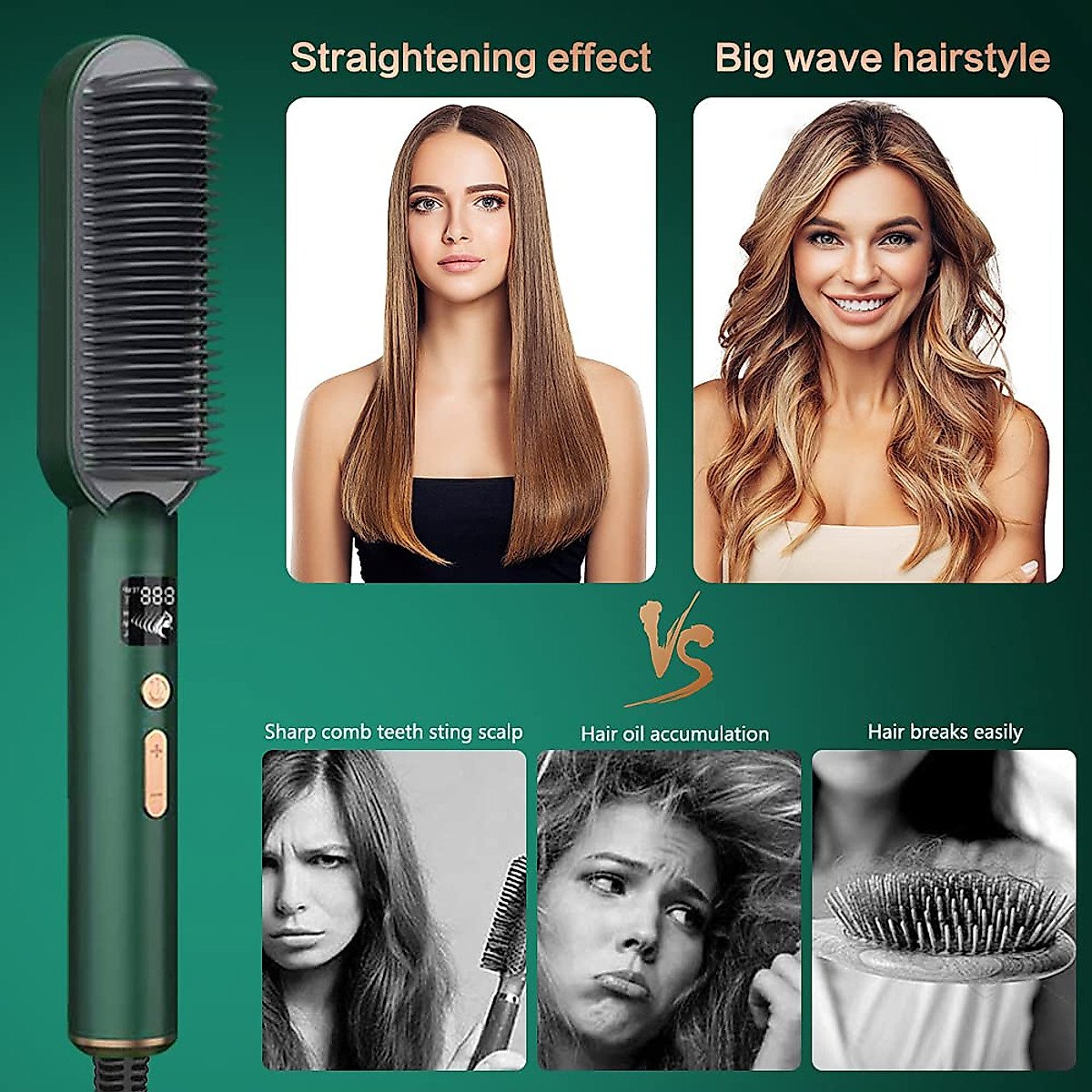 Hair Straightener Brush, Ionic Straightening Brush, Ceramic Hot Comb with LED Display, Anion Generator, 3 Heat Levels, Anti Scald, Fast Heating & Auto Off Safe for Home, Travel and Salon (Green)