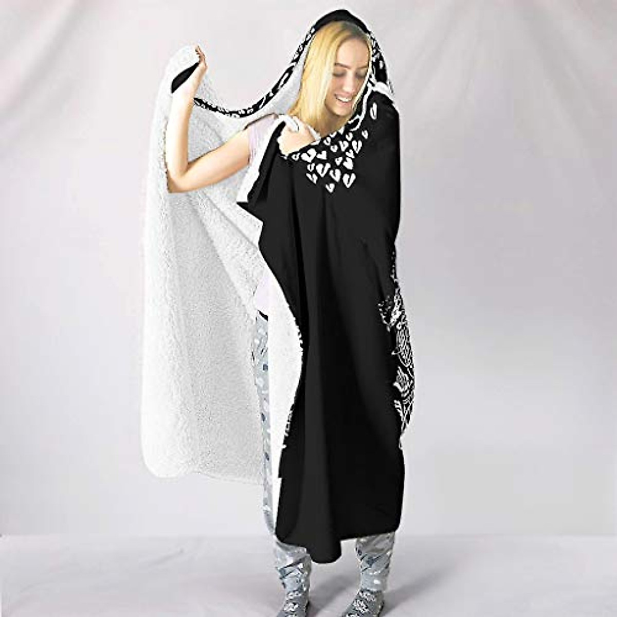 Festhad Black Ethnic Tree of Life Totem Norse Viking Yggdrasil Runes Wolf Raven Print Hooded Blankets Funny Cuddly Warm Winter Sherpa Fleece Hood Poncho Cloak Cape for Adults Kids White 60x80 inch