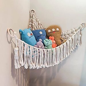 TRASUN Stuffed Animal Hammock Toy Net Plush Toy Hanging Organizer with Macrame Tassels Stuffed Animal Holder Display Corner Boho Large Storage Mesh Net for Playroom Bedroom (40" x 40" x 60", White)