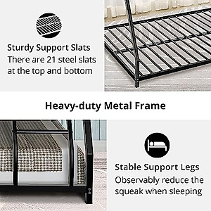 Metal Bunk Bed Frame, Twin Over Full Bunk Bed with Ladder and Full-Length Guardrail, Sturdy Support Slats for Teens Adults, Noise Free, Black