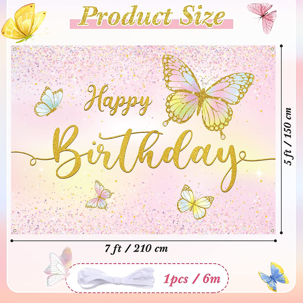 Dandat 7 x 5 ft Butterfly Happy Birthday Backdrop Pink Theme Gold Butterfly Birthday Party Decorations Polyester Spring Banner Baby Girls Princess Photography Background for Bday Photo Shoot Prop