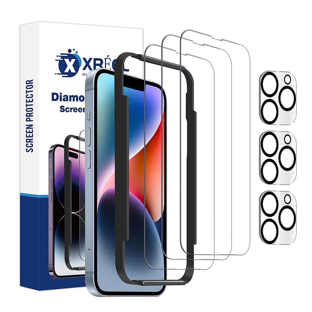 Xréel 3 Pack Tempered Glass Screen Protector and Camera Lens Protector for [iPhone 13 Pro Max], [Military Grade] 9H Hardness, Scratch Resistance, Bubble Free and Easy to Install (Installation Aid Tool Included)