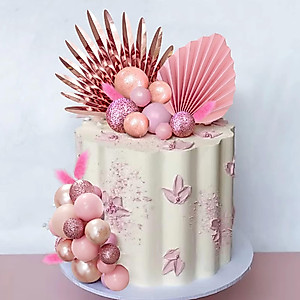 38 PCS Balls Cake Toppers Palm Leaves Cake Decorations for Birthday Wedding Baby Shower Party Supplies Mother's Day (Rose Gold)